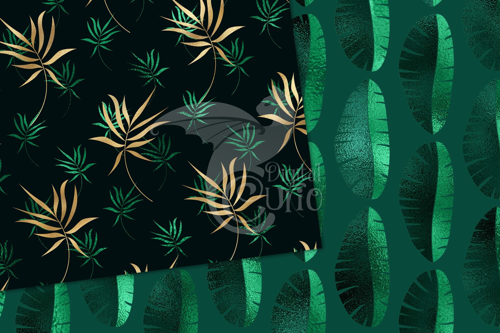 Green and Gold Tropical Leaves Digital Paper (864782) | Patterns ...