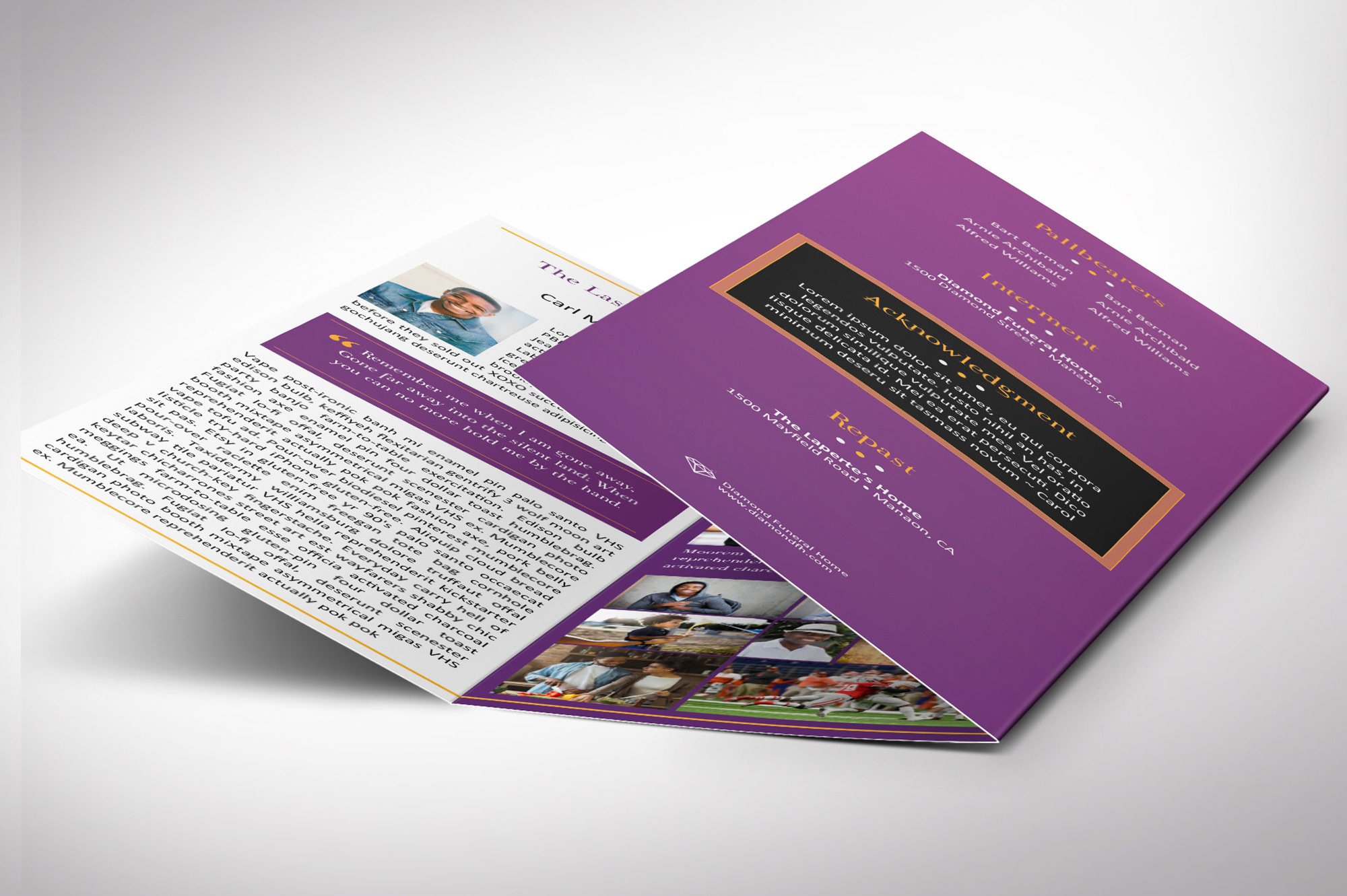 Purple Gold Tri-Fold Funeral Program Word Publisher Template (555001 ...