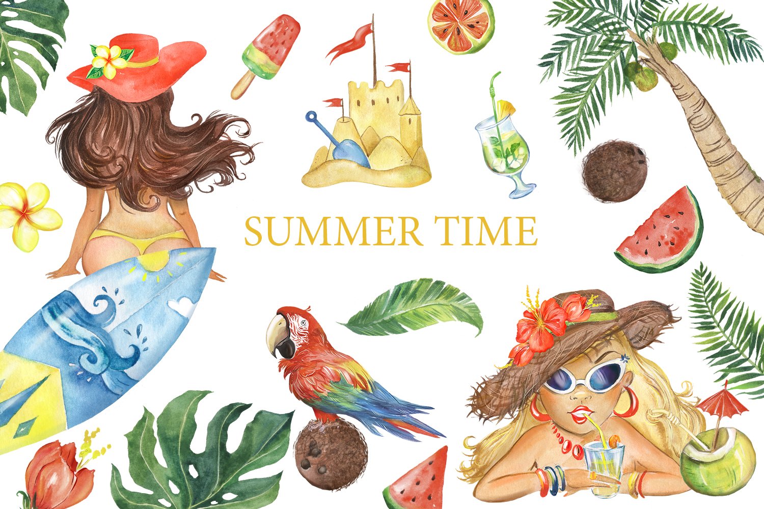 Watercolor Beach clipart, Watercolor Tropical Summer clipart (663939 ...