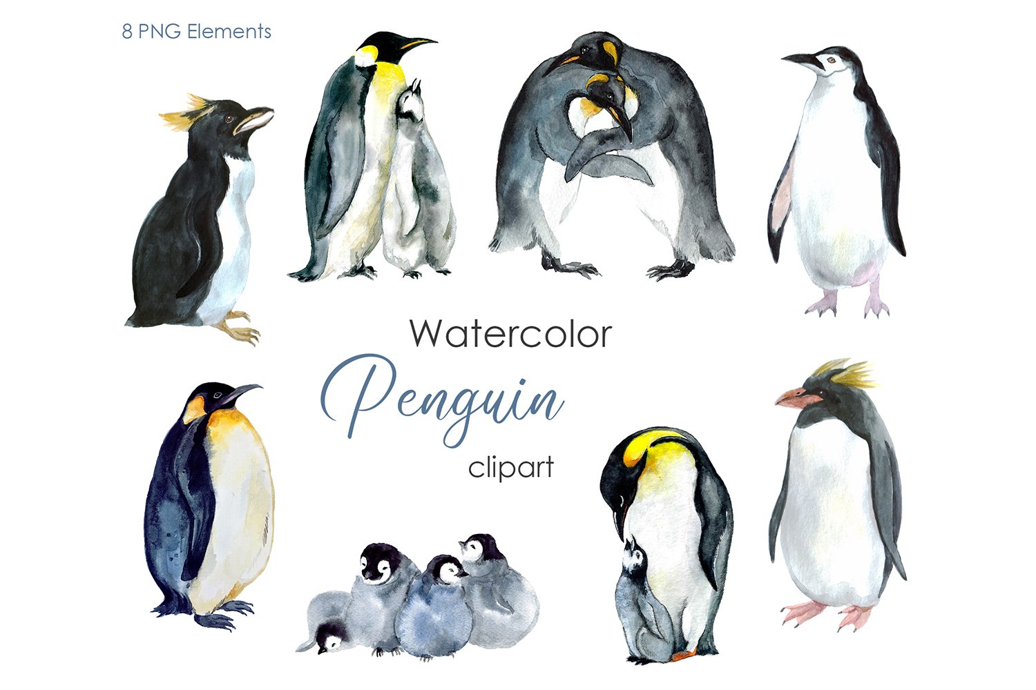 Watercolor clipart. Hand painted animal cute set penguins. (1243816 ...
