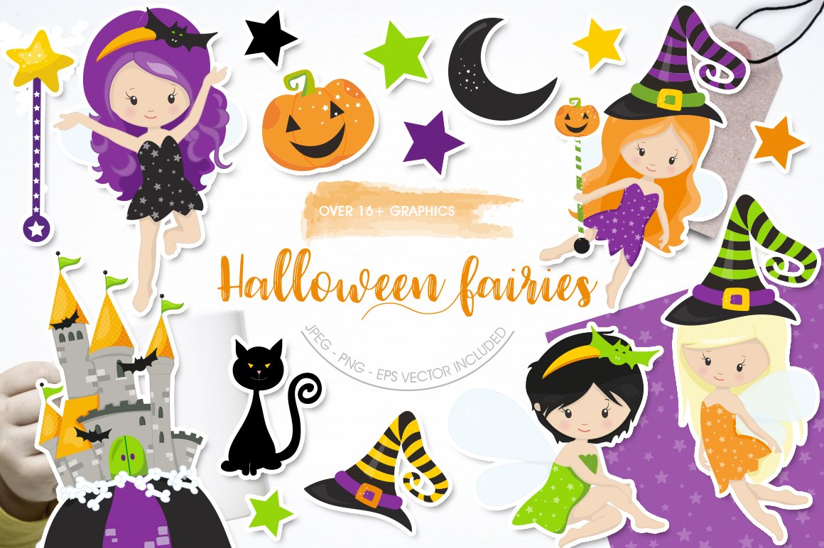 Halloween Fairies Graphics and illustrations, vecto