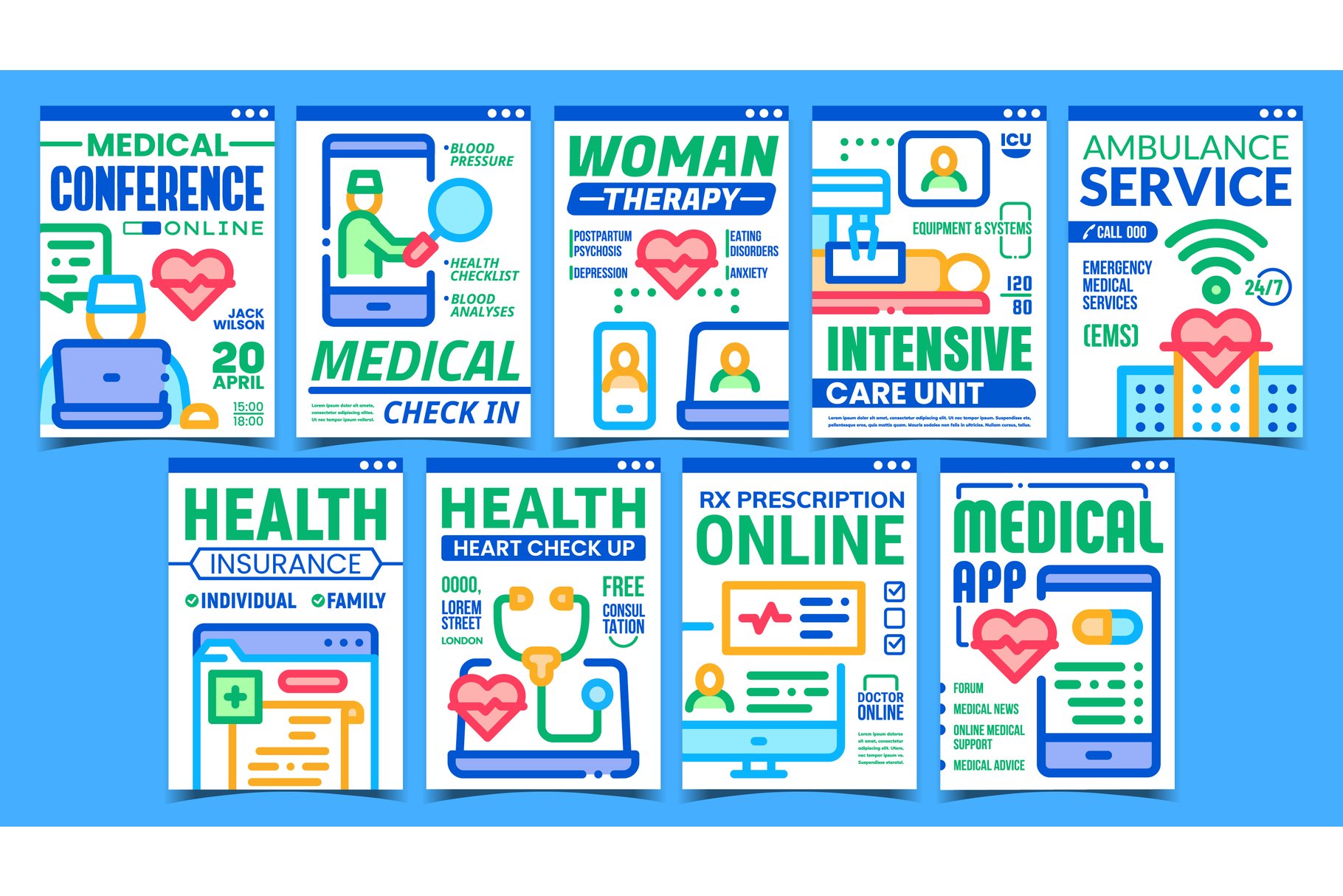 Telemedicine Creative Promotion Posters Set Vector (1263576 ...