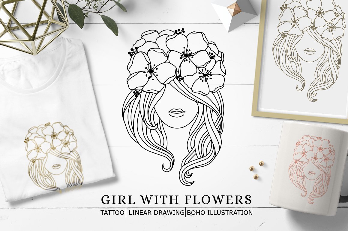 Woman with flowers| Line art illustration