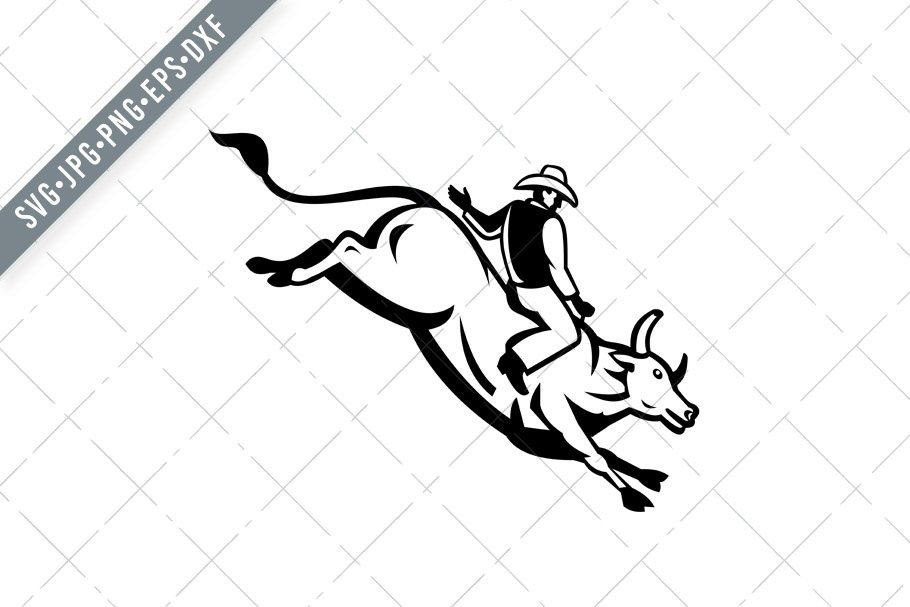 American Bull Rider Riding a Bucking Bull Retro Black SVG (794354 ...
