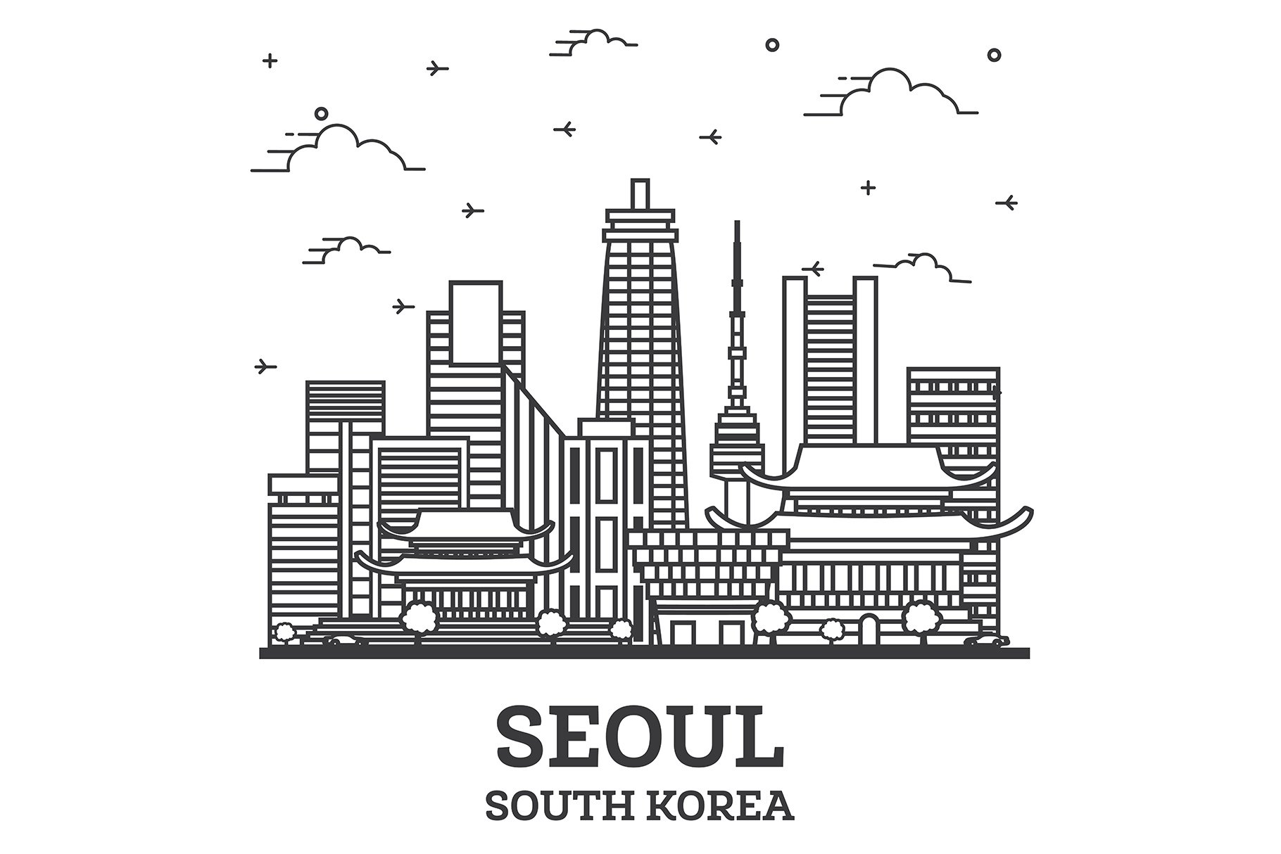 Outline Seoul South Korea City Skyline (1147032) | Illustrations ...
