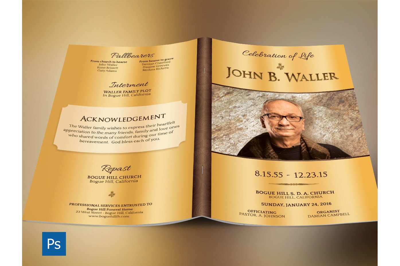 Solid Gold Funeral Program Photoshop Template (5203) | Brochures ...