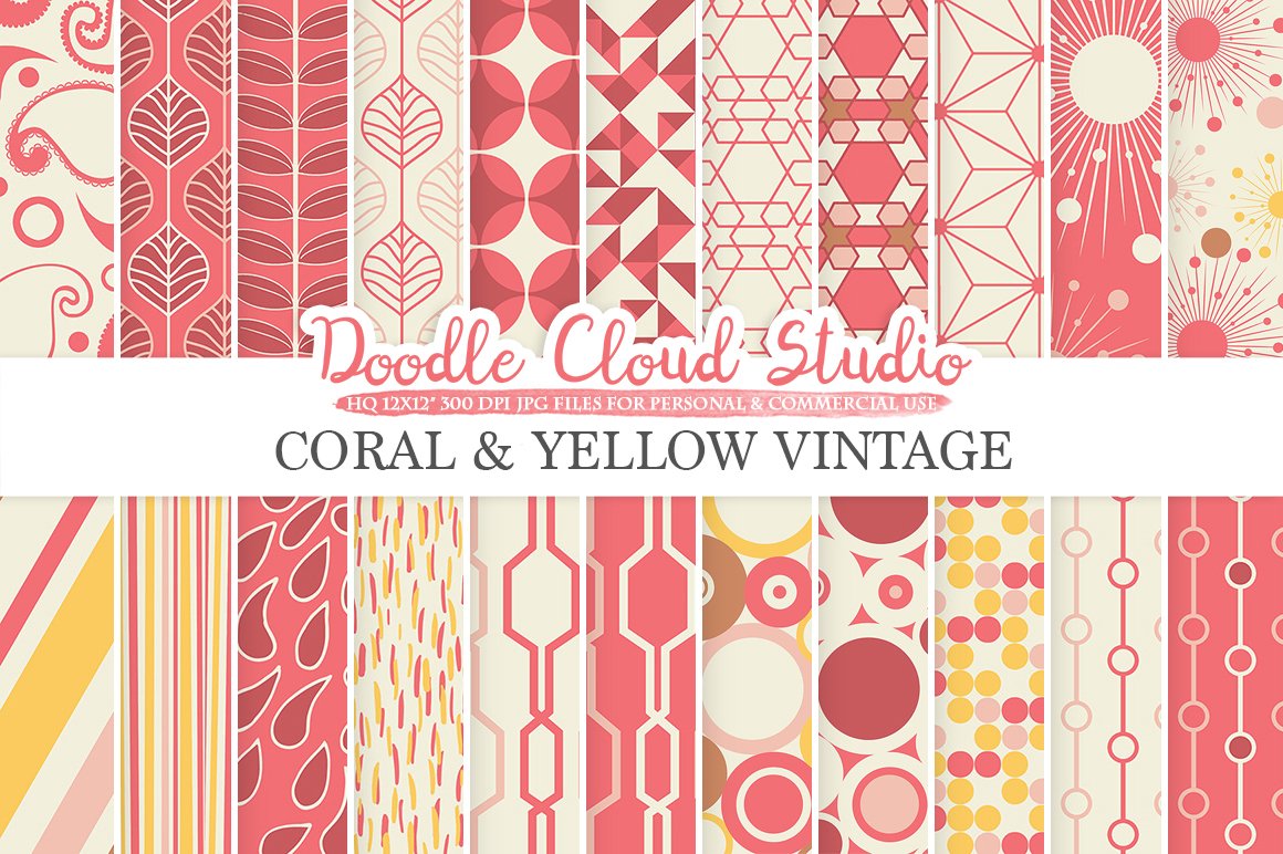 Coral and Yellow Retro digital paper Geometric Vintage patterns Coral ...