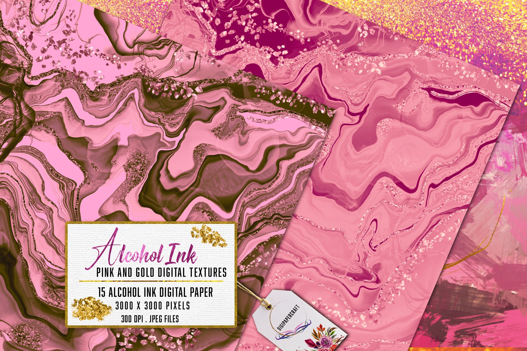 Pink Alcohol Ink digital paper, Gold Liquid ink textures (829478 ...