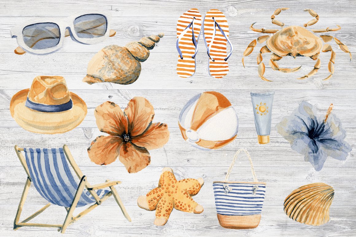 Watercolor Beach Set Clip Art (75462) | Illustrations | Design Bundles