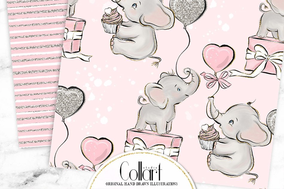 Elephant digital paper, baby girl papers, seamless patterns (231219 ...