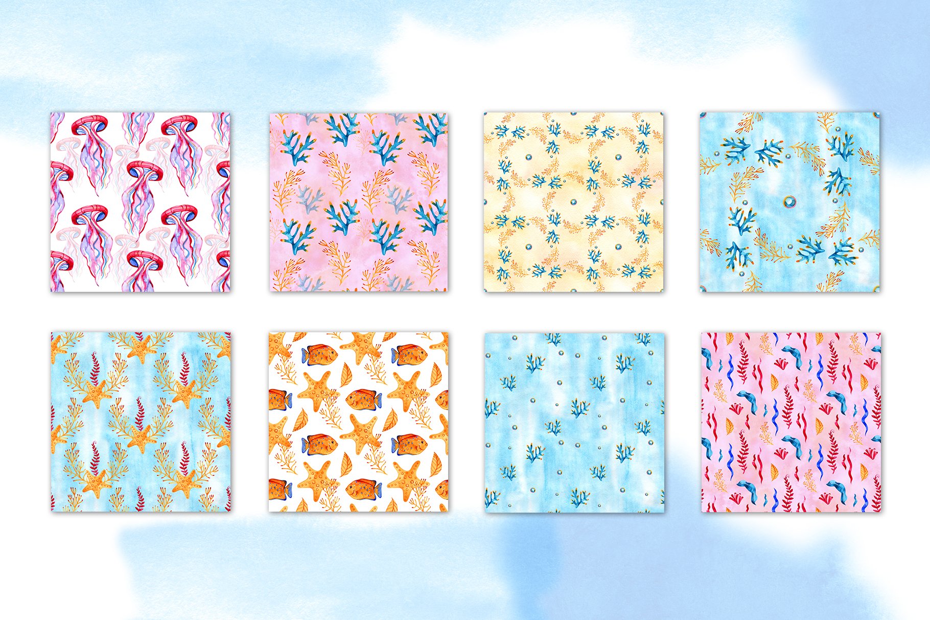 Watercolor Sea life digital paper pack (613953) | Backgrounds | Design ...