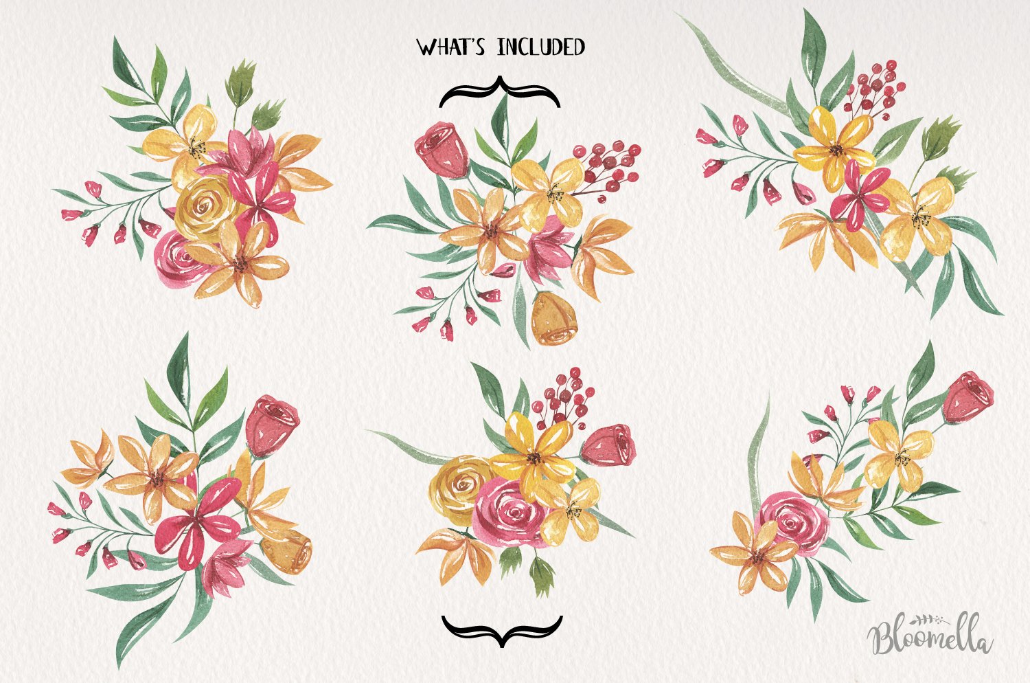Mustard & Pink Florals 6 Bouquets Watercolor Wedding