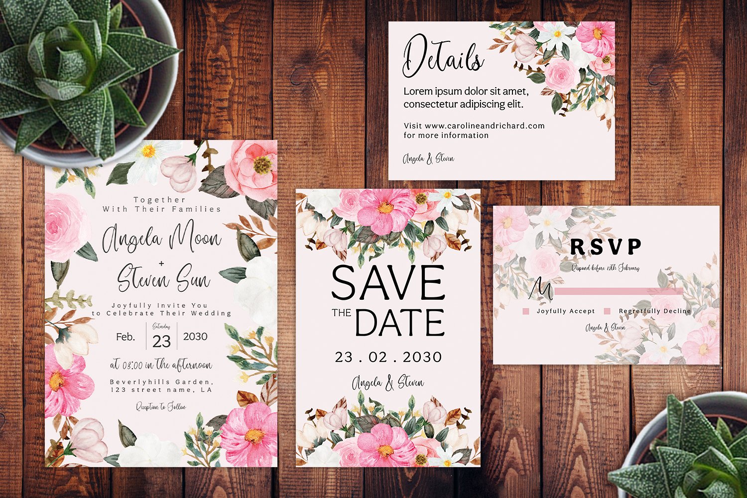 Pretty Pink And White Floral Wedding Invitation Set