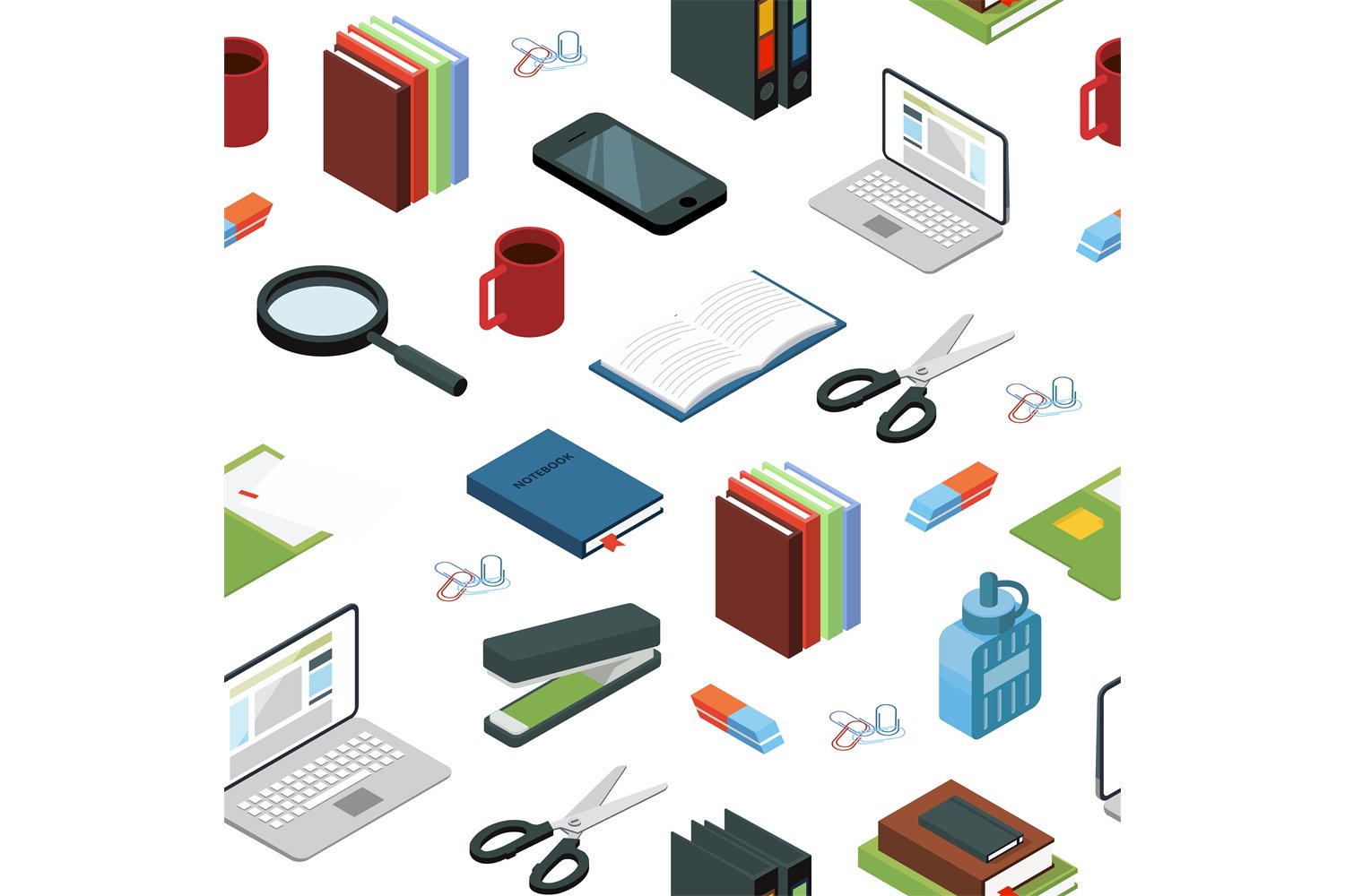 Vector isometric office stationery elements background or pa (873393 ...