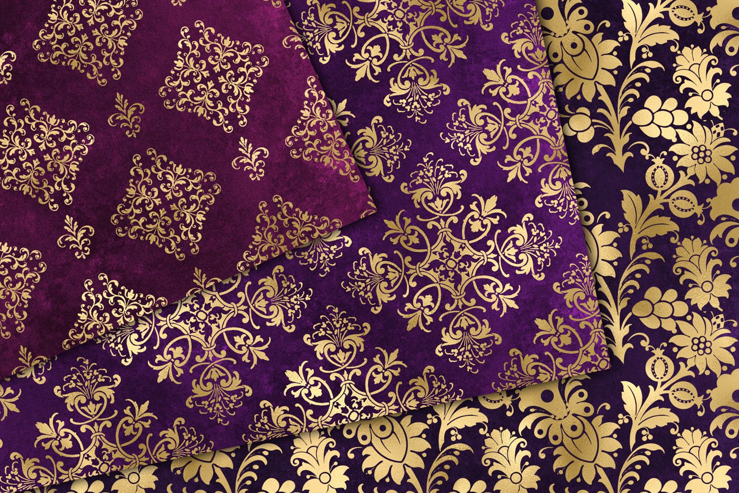 Purple and Gold Damask Digital Paper (329612) | Patterns | Design Bundles