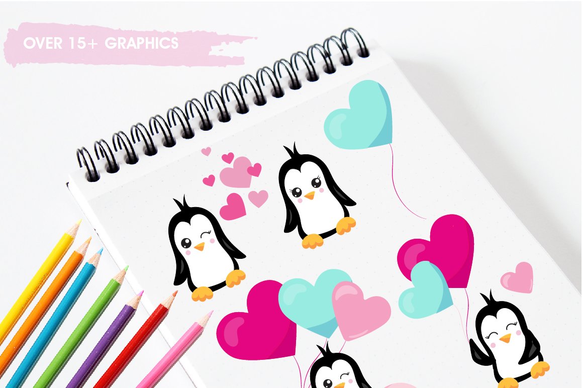 Valentine Penguins graphics and illustrations