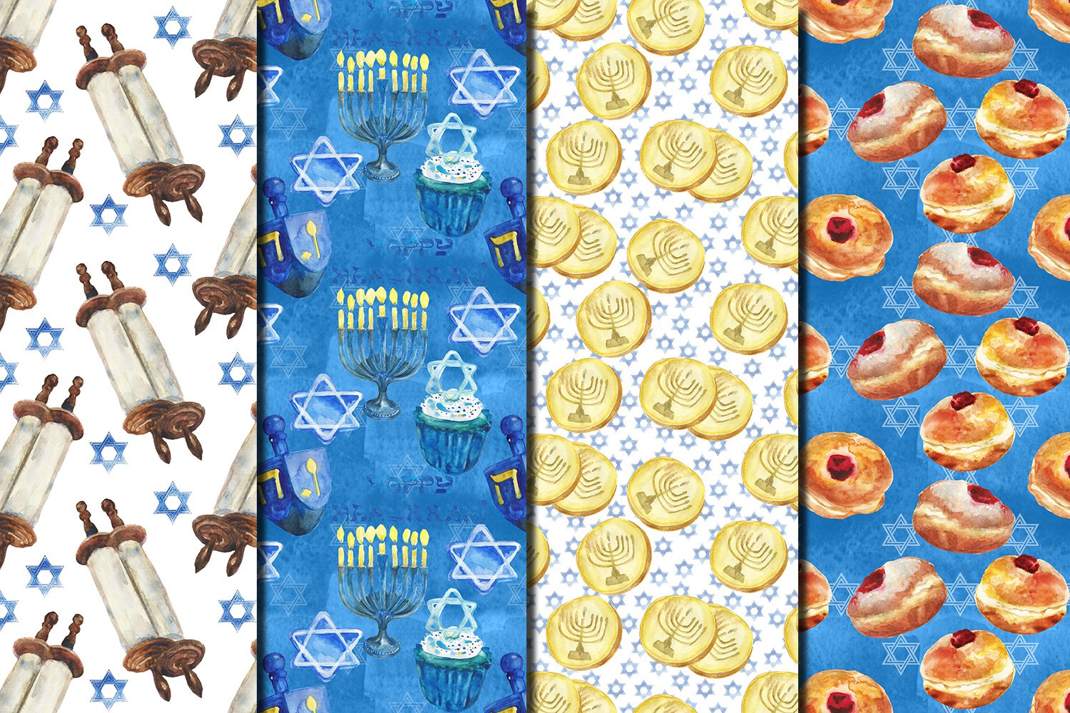 Watercolor Happy Hanukkah seamless digital paper pack (25532 ...