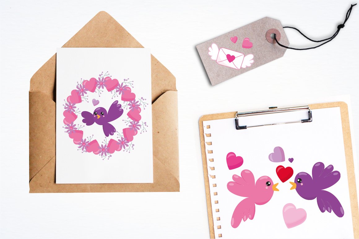 Valentine Birds graphics and illustrations