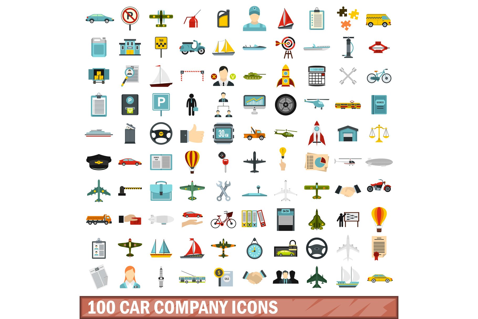 100 car company icons set, flat style (354175) | Icons | Design Bundles