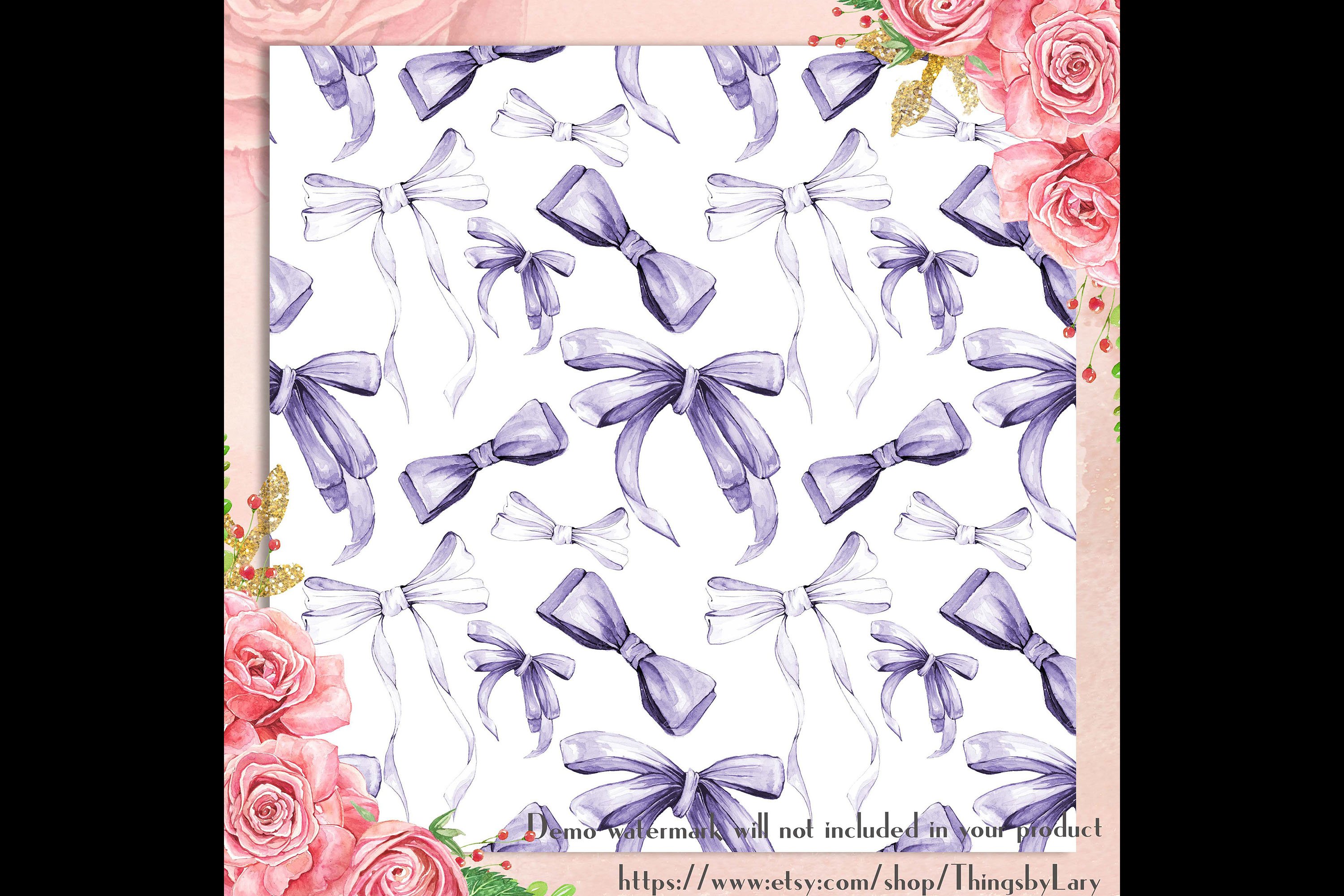 100 Seamless Watercolor Princess Bow Digital Papers (136077) | Patterns ...