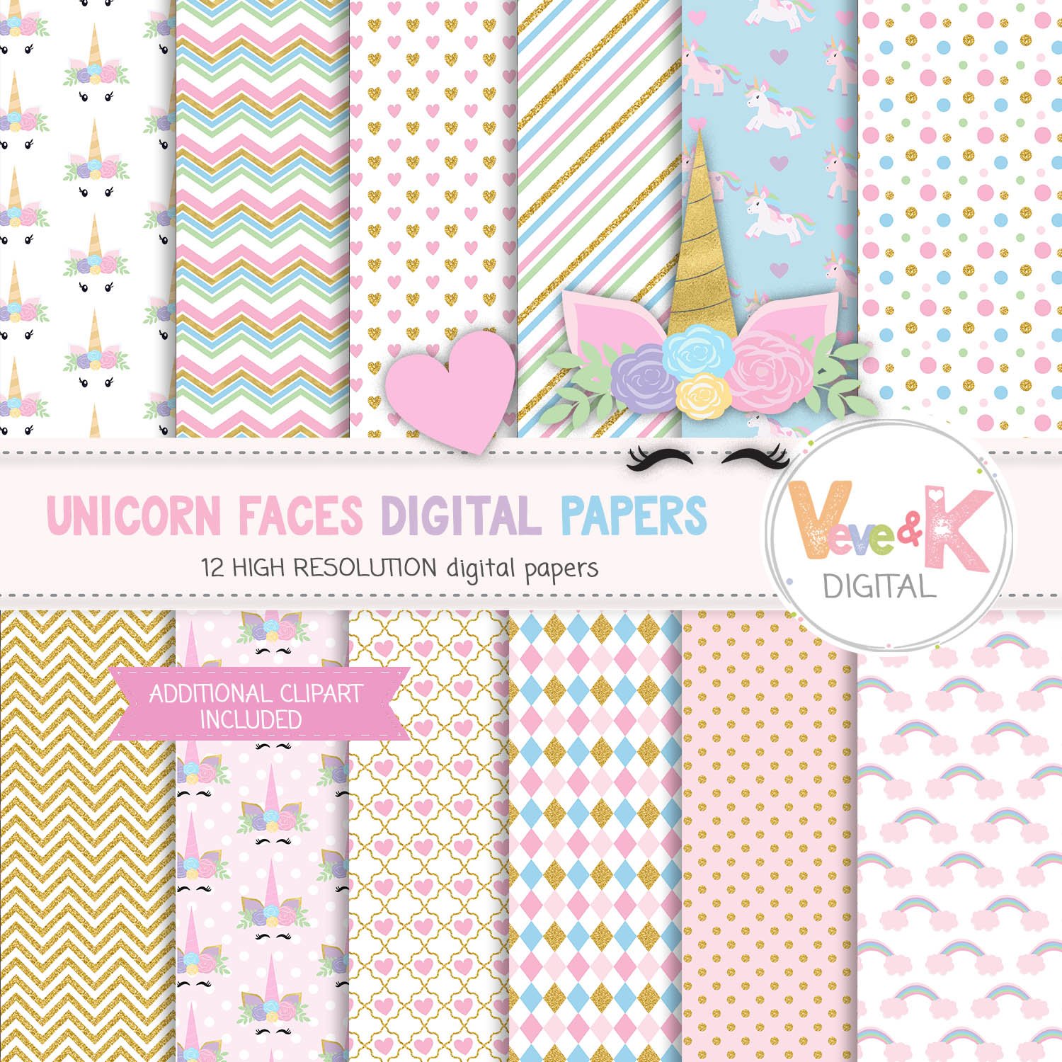 Unicorn Clipart, Unicorn Faces Clipart, Unicorn Digital Papers (75958 ...