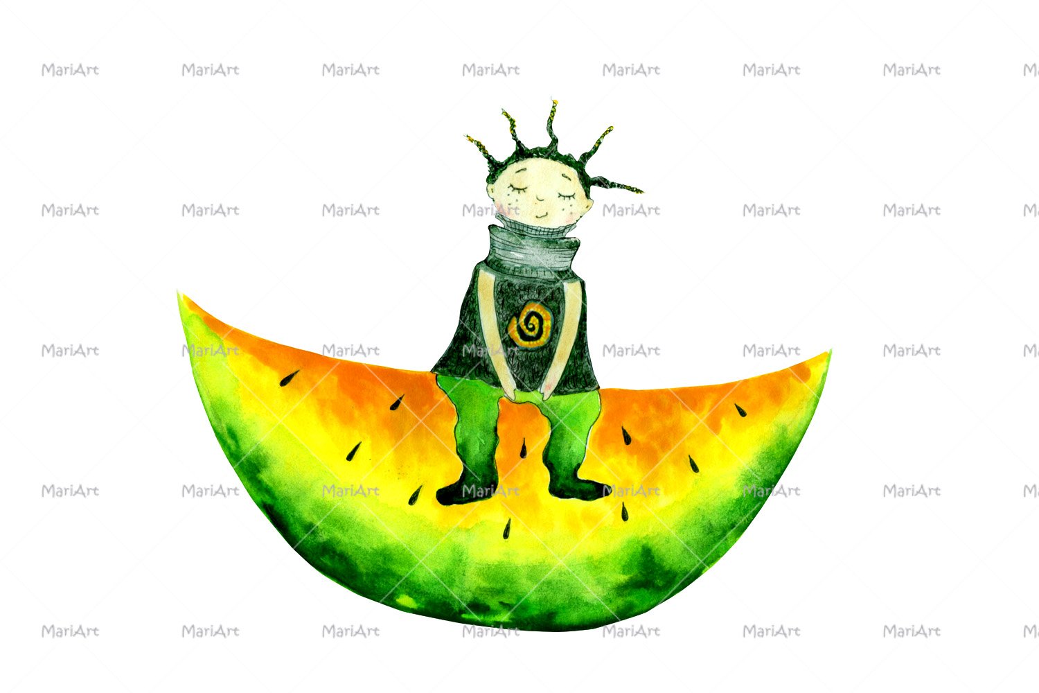 Watercolor illustration ' Watermelon Elf ' (1121199) | Illustrations ...