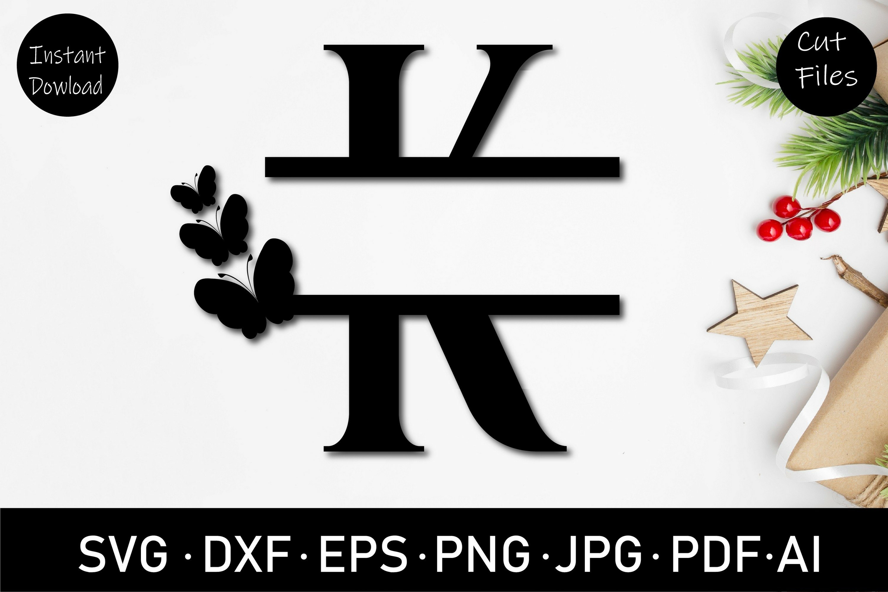 Butterfly Split letter K monogram, SVG cut file, Dxf, Png