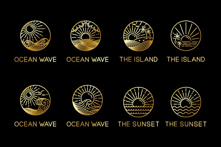 Island And Wave Logo Sun Setting Over Island And Sea Wave Icon Logo.