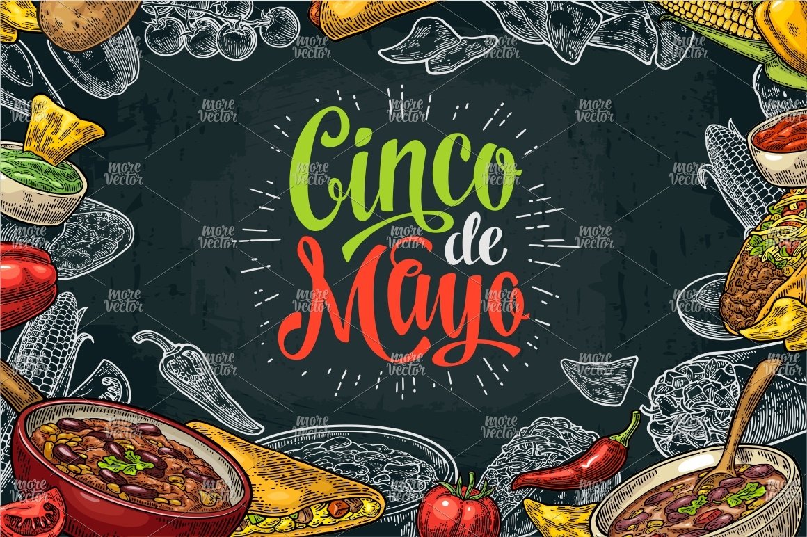 Cinco de Mayo lettering and mexican food. Vector engraving (242375 ...