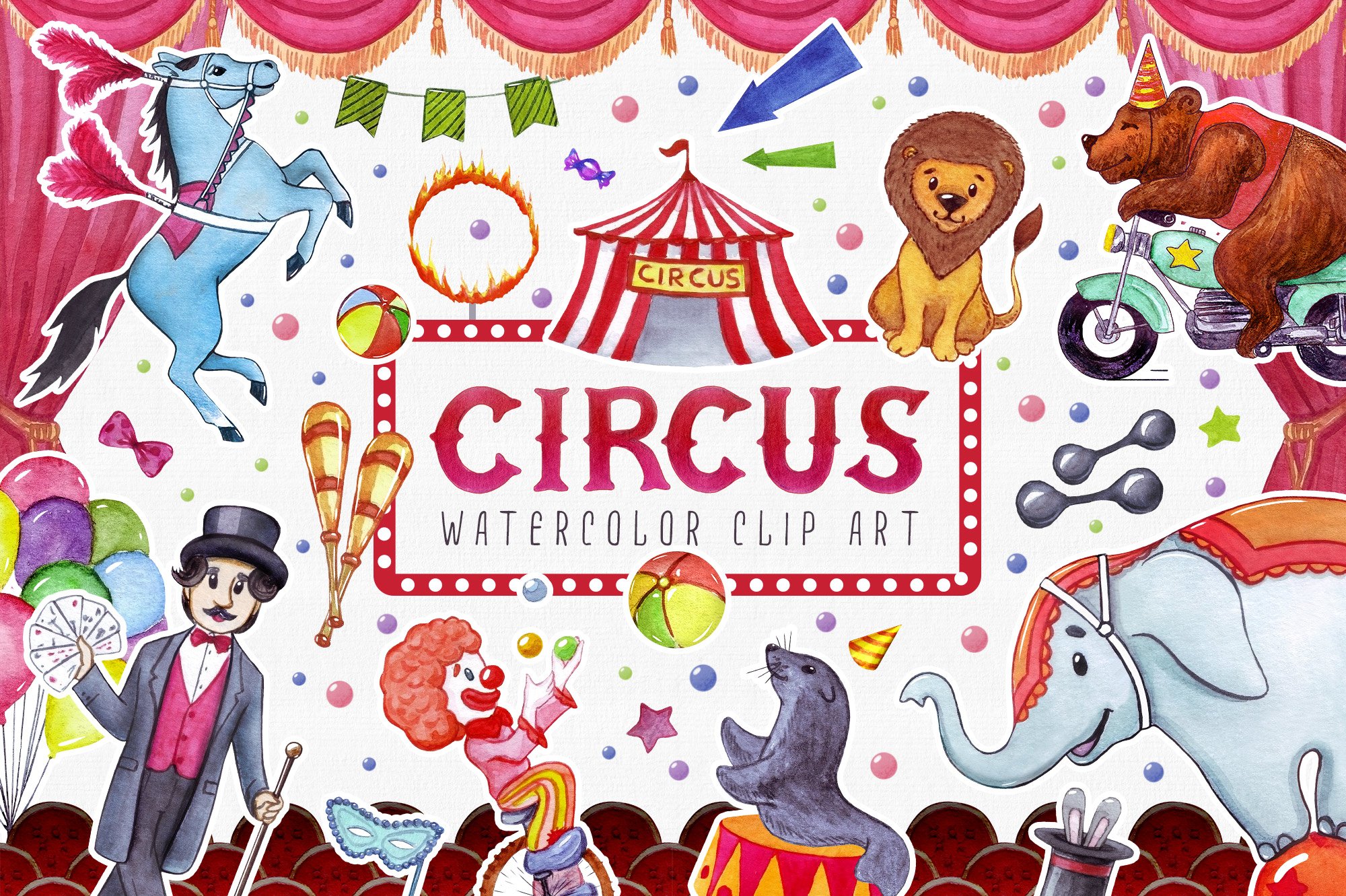 Circus watercolor cute clip art (281677) | Illustrations | Design Bundles