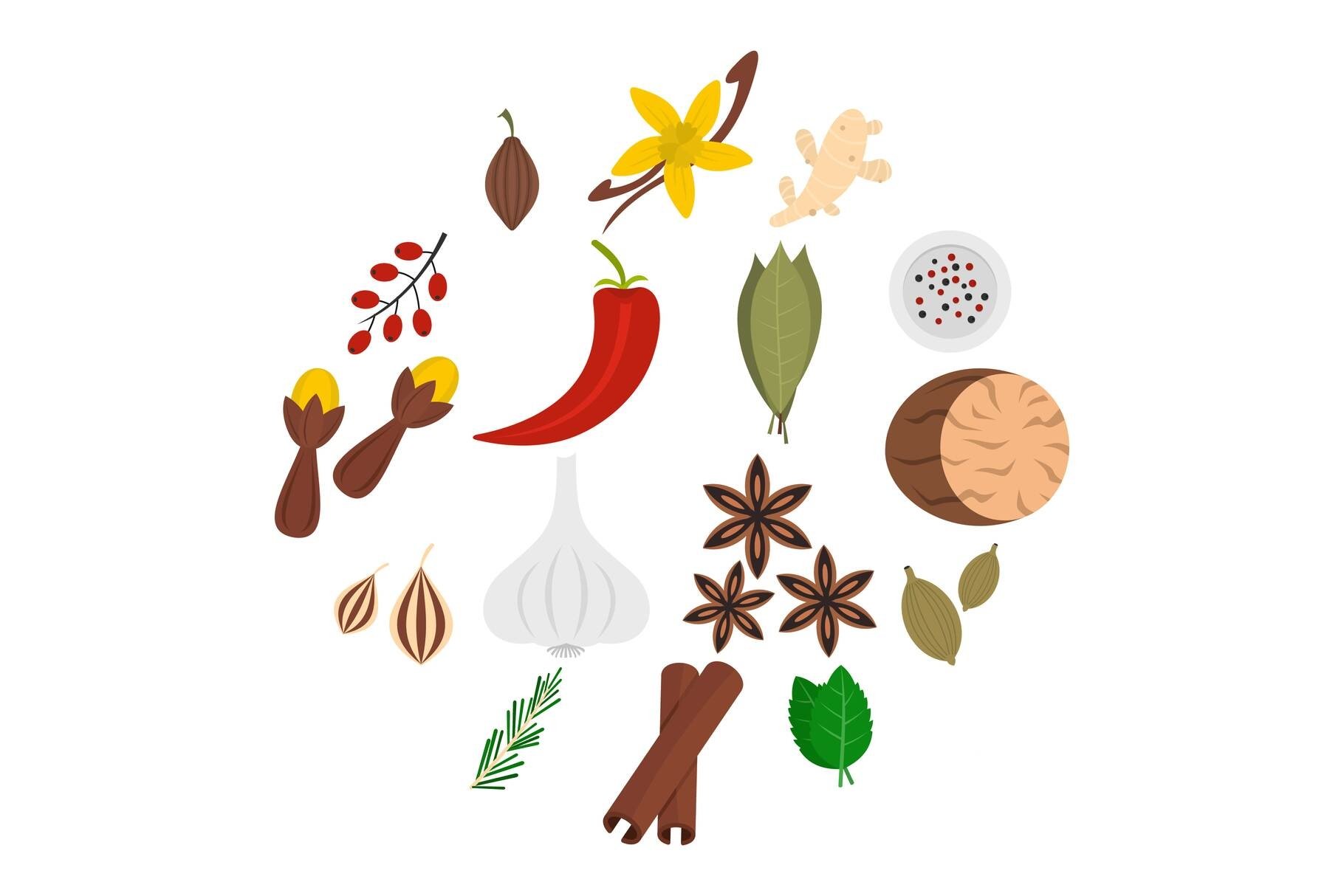 Spice icons set in flat style (503302) | Icons | Design Bundles