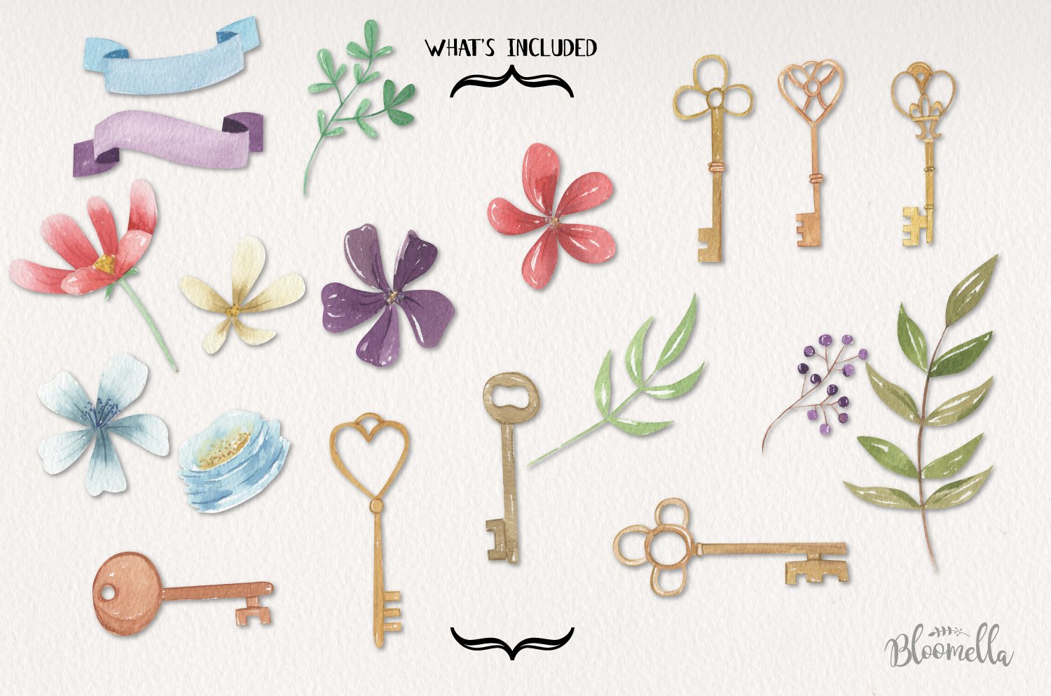 Floral Keys Flowers Watercolor 19 Elements Florals Berries