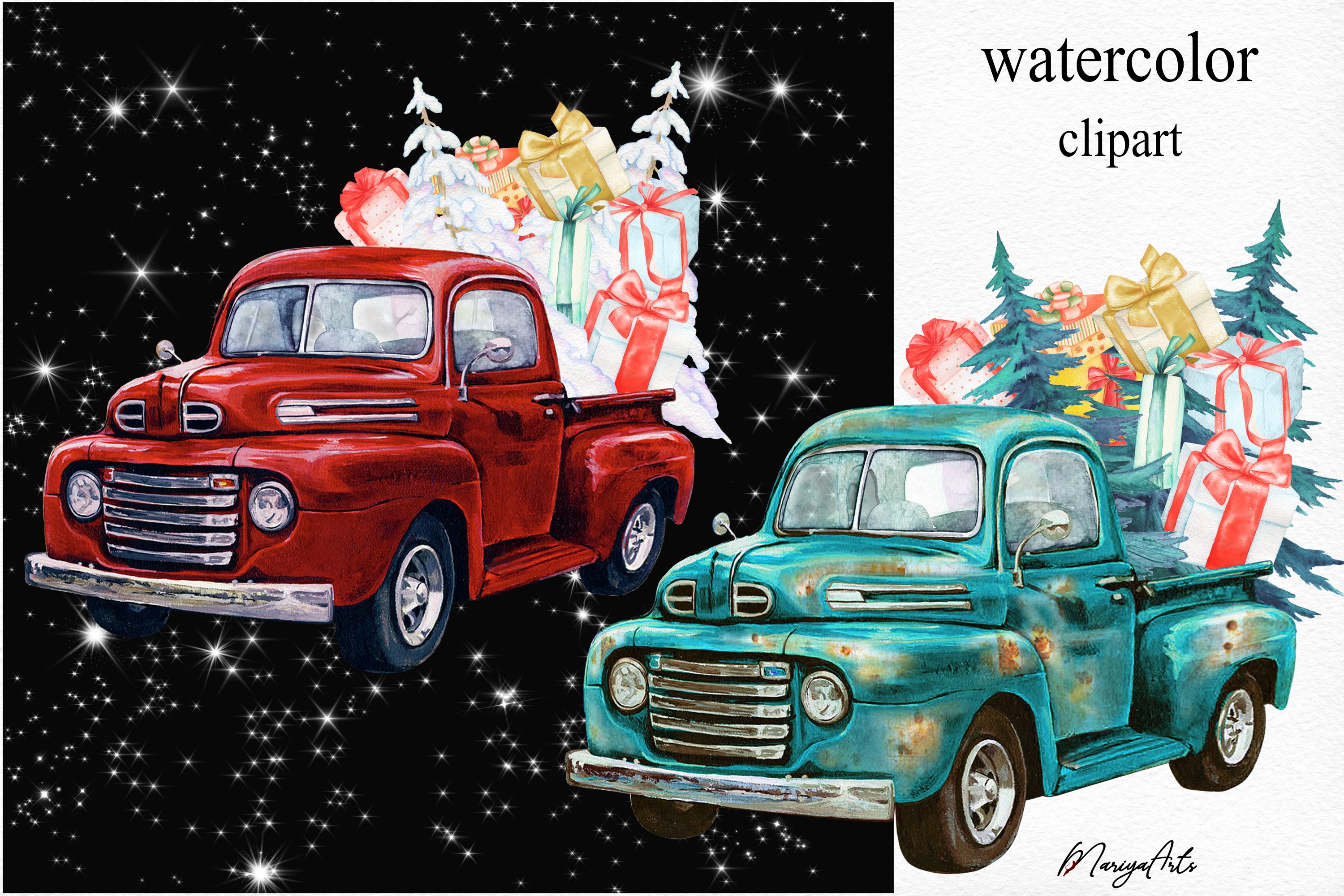 Watercolor Christmas Truck, Red, Turquoise Trucks with Gifts (890400 ...