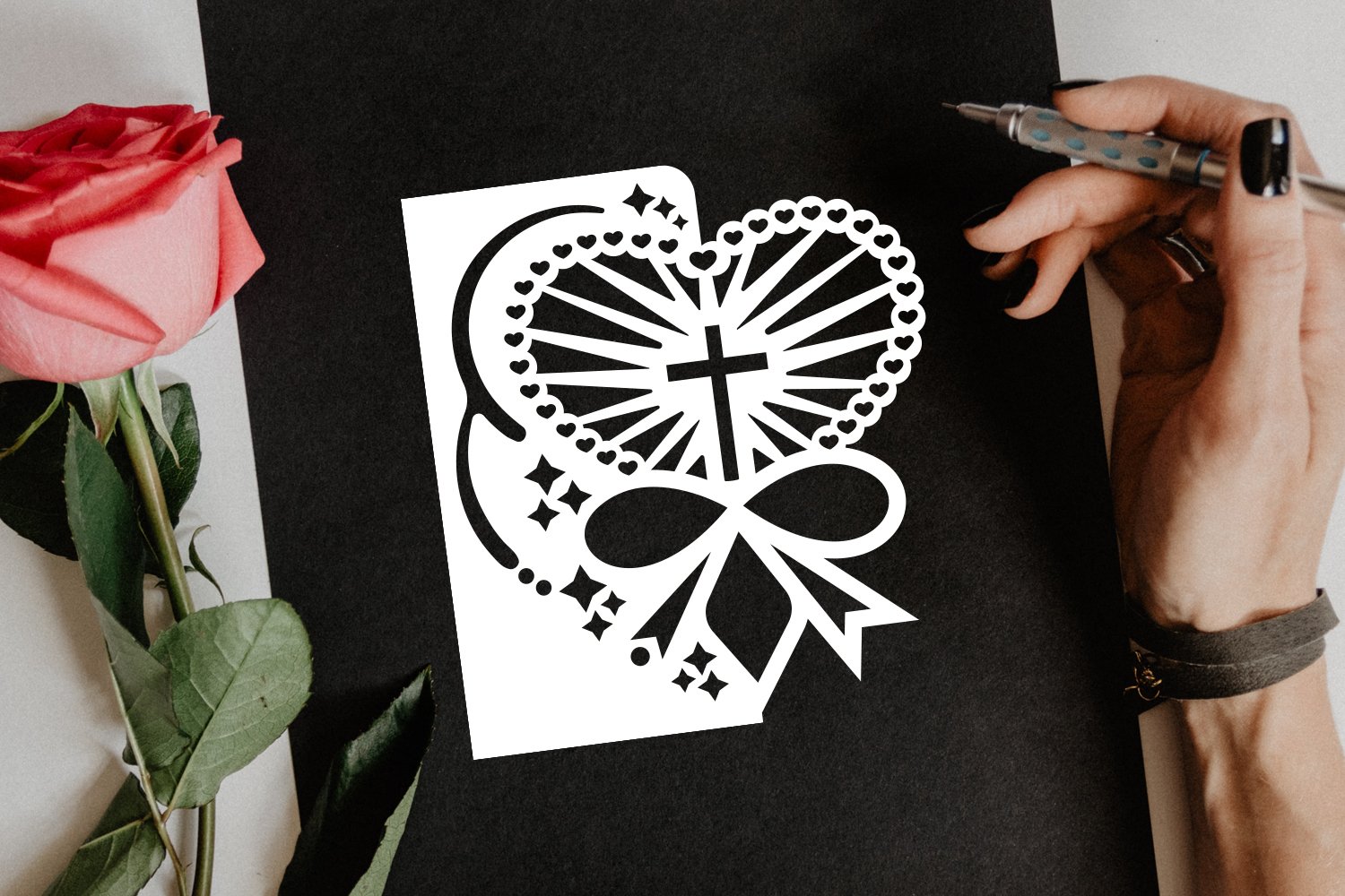 Papercut Cross Heart with Bow and Decorations Card Cover