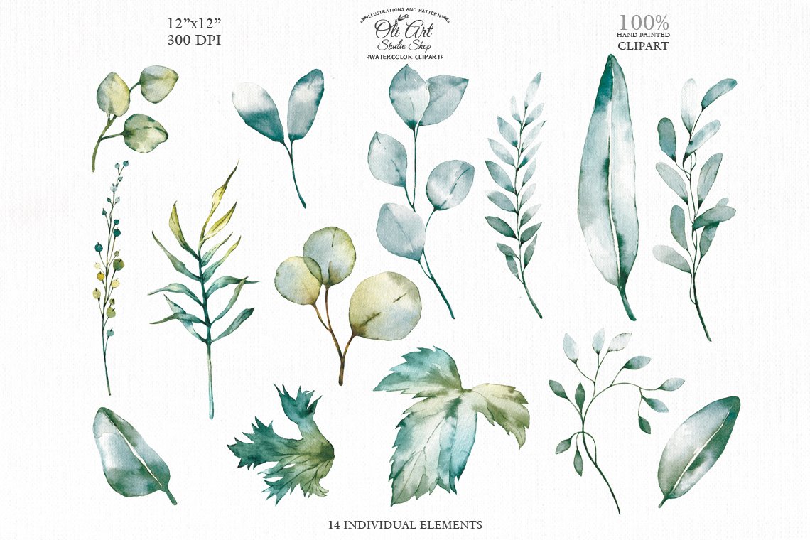 Watercolor of clipart green leaves (799527) | Elements | Design Bundles