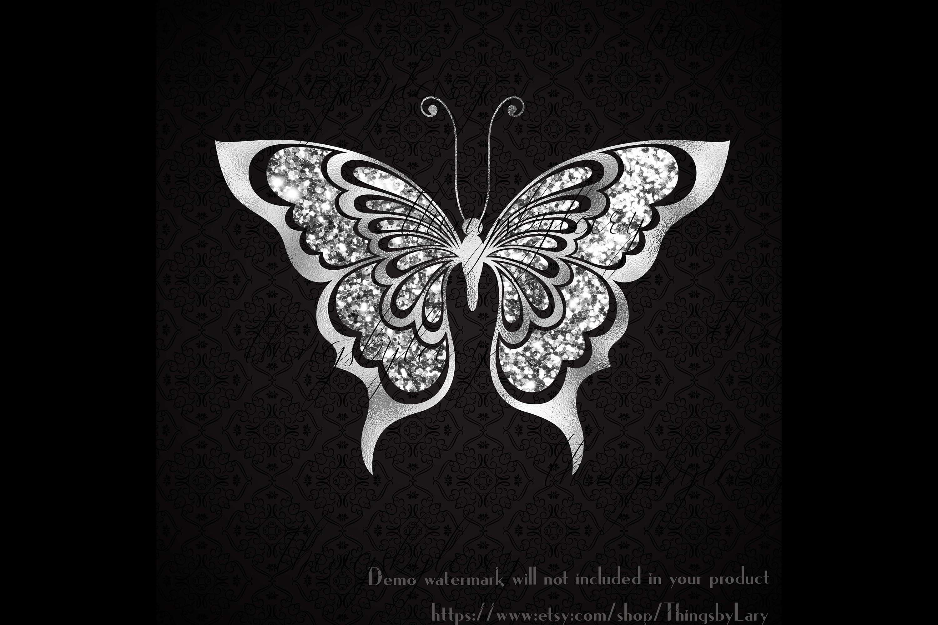 30 Metallic Silver Foil and Glitter Butterfly Digital Images (238314 ...