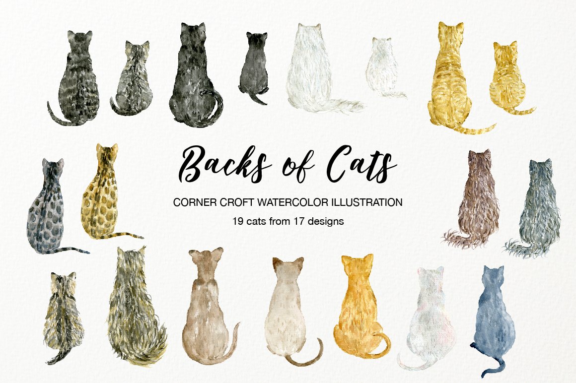 Watercolor Cat illustration, back of cats (405541) | Illustrations ...