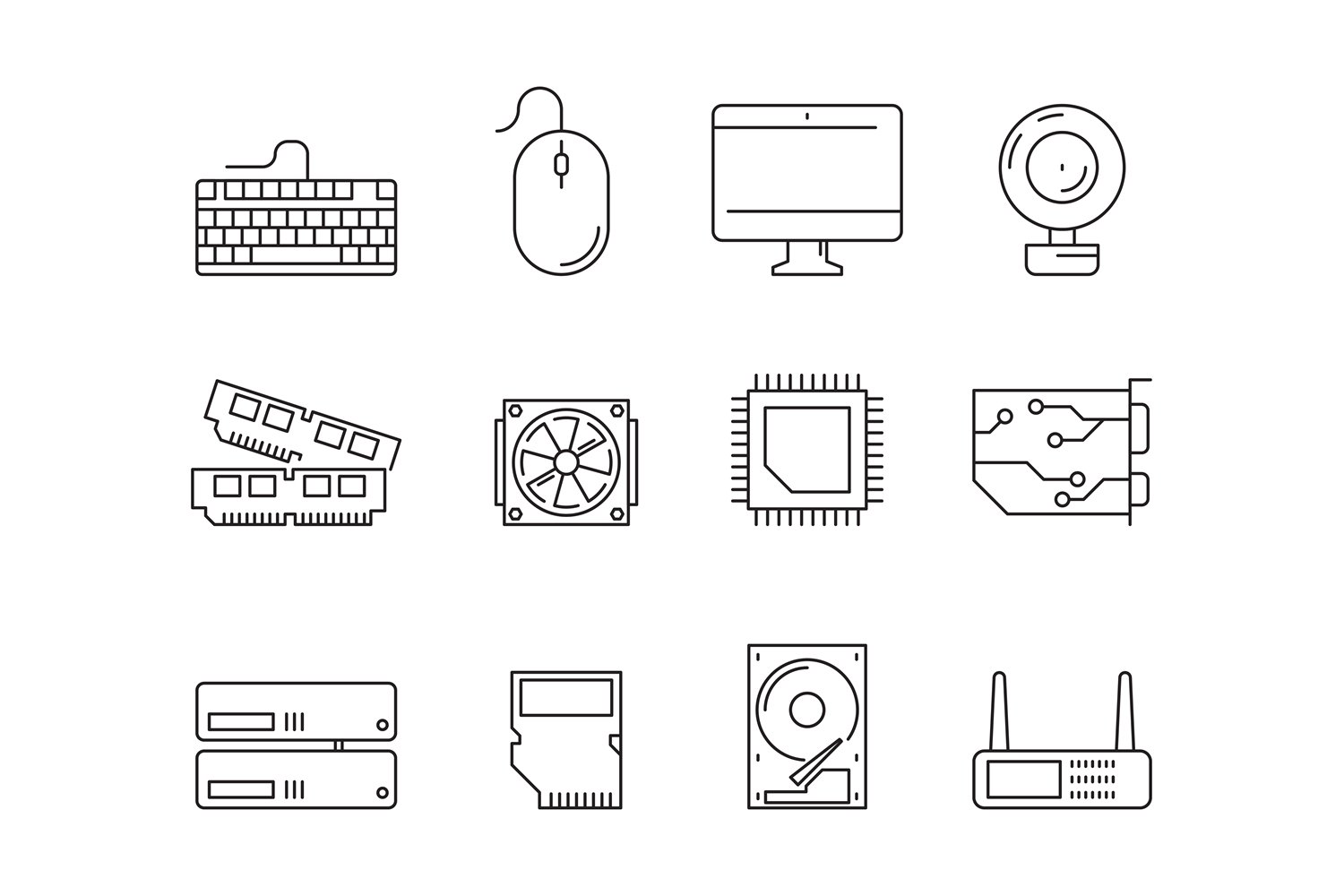Pc components icons. Processor ssd cpu power adapter ram mem