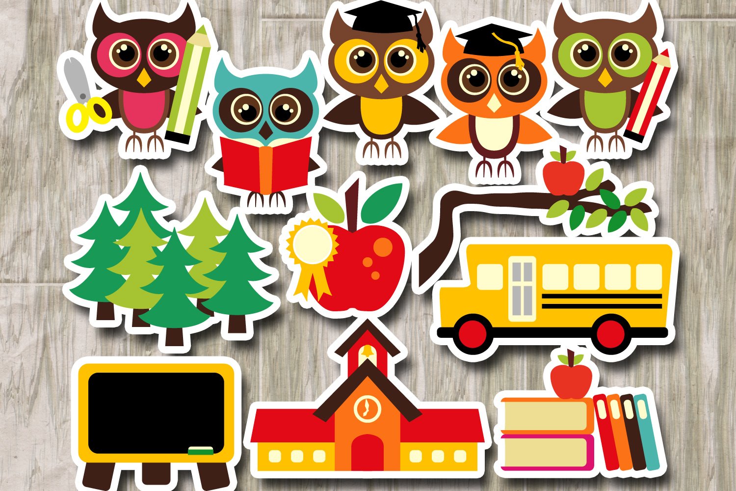 Owl back to school graphic, school building, bus, books (88804 ...