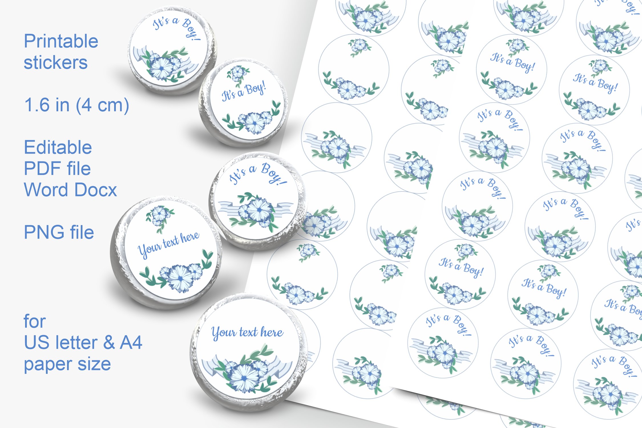 Blue Baby Shower Small Round Labels 1.6 in 4 cm Editable PDF
