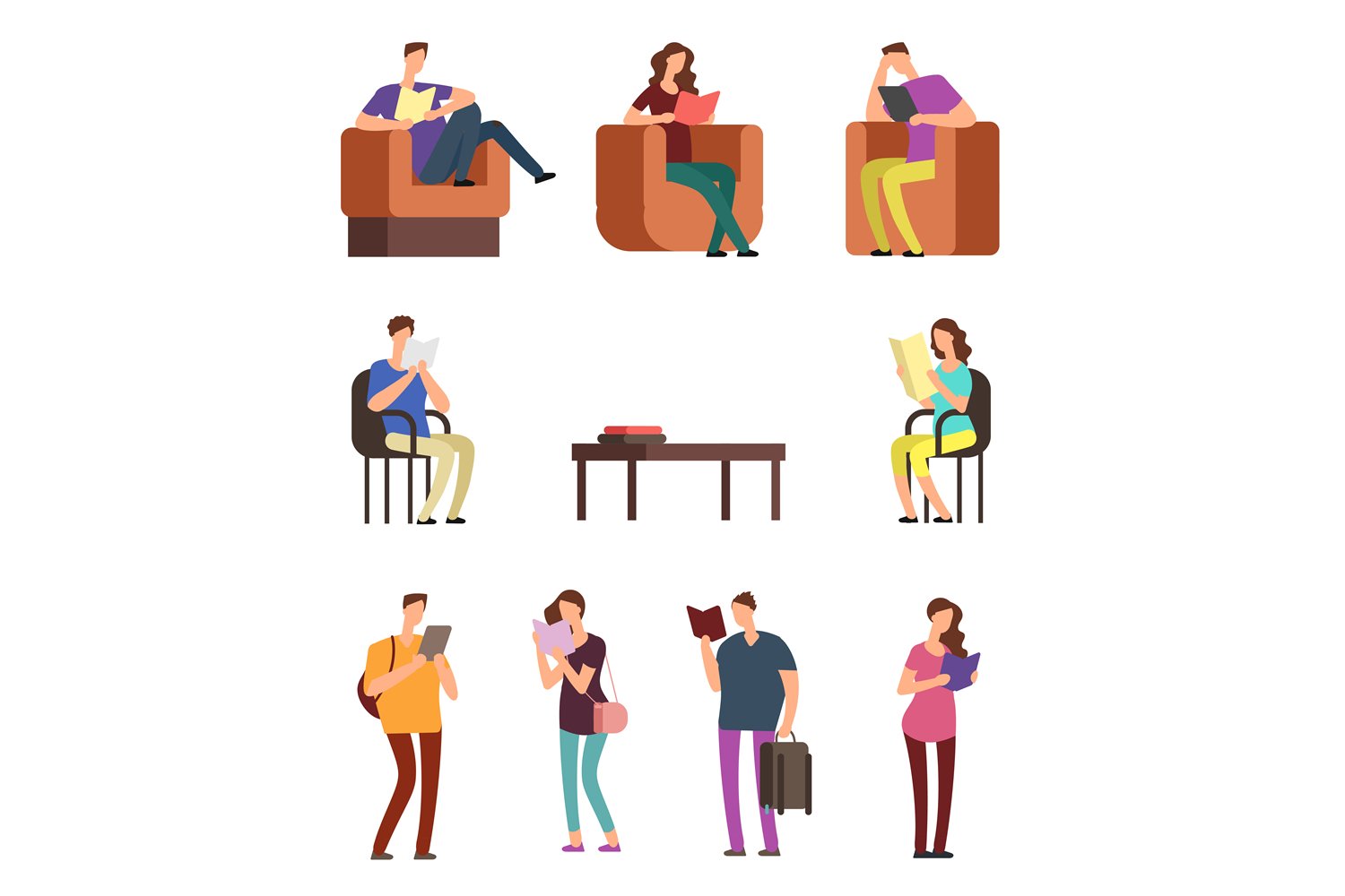 Young woman and man, college students reading book. Cartoon (914209 ...