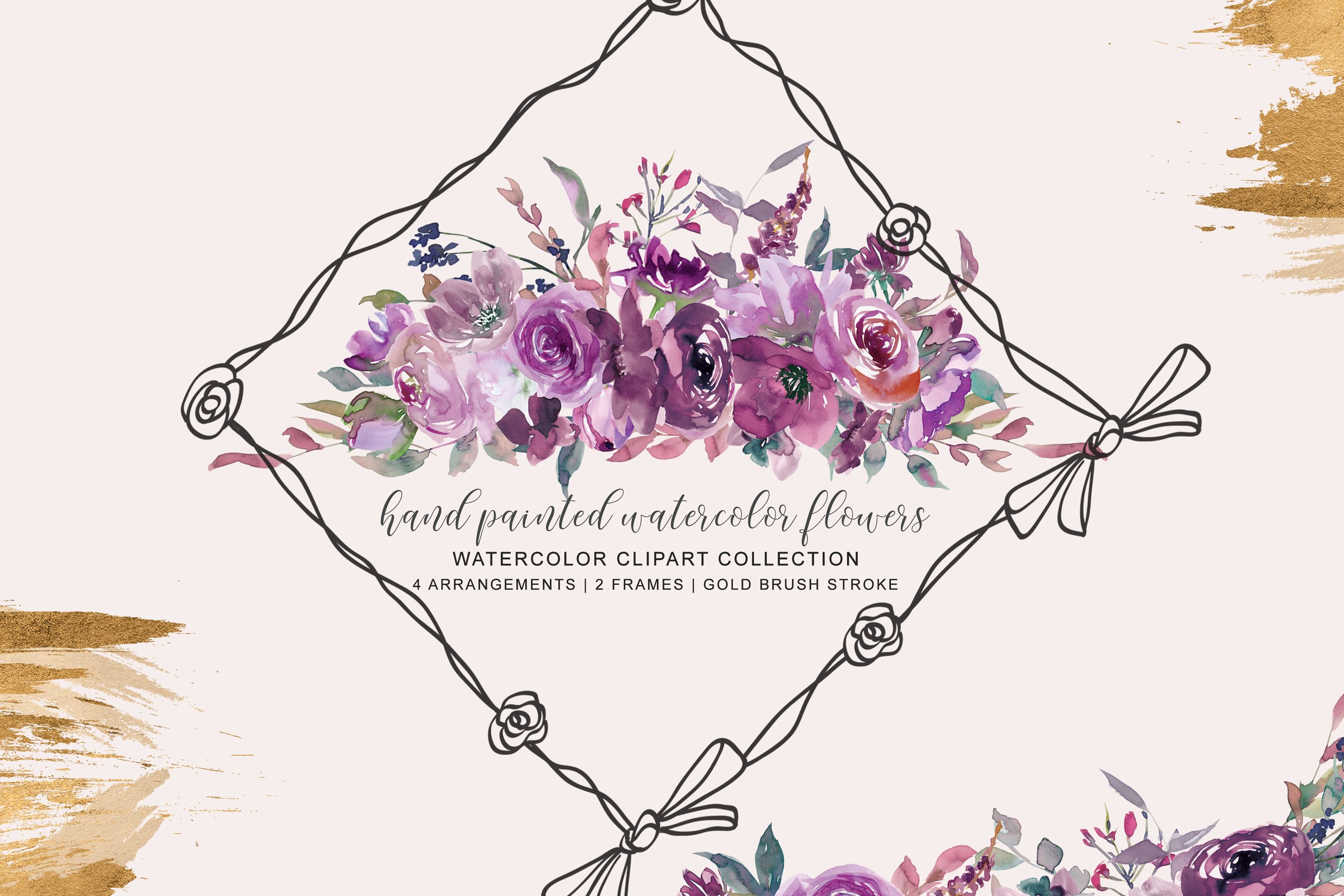 Watercolor Mauve Rose Clipart Hand Drawn Frame Set (163586 ...