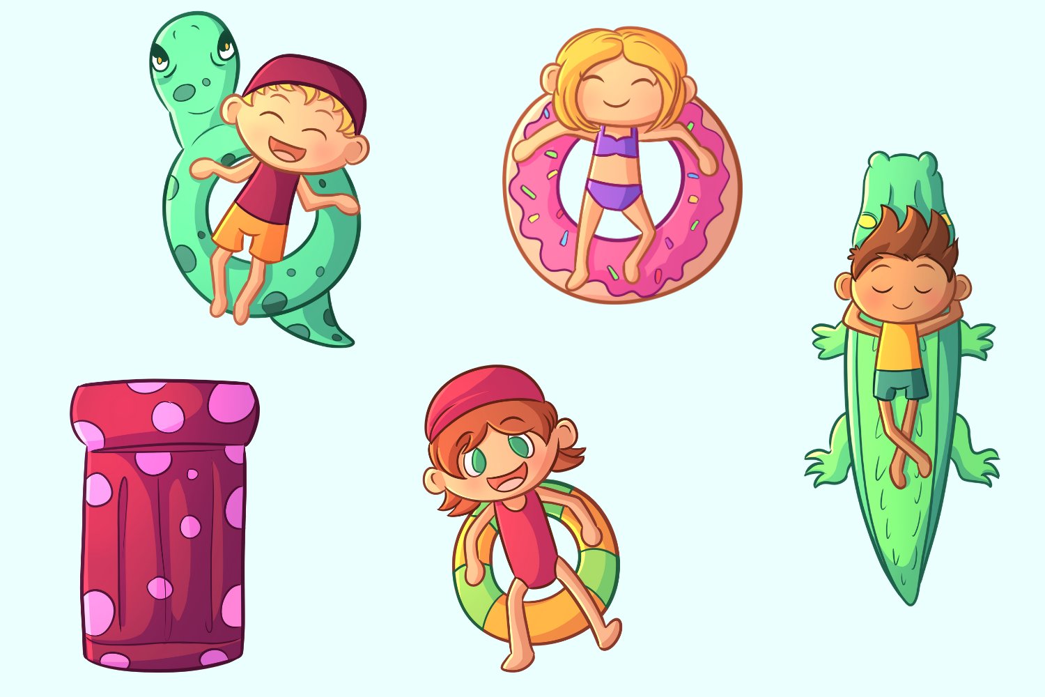 Kids on Pool Floats Summer Illustrations