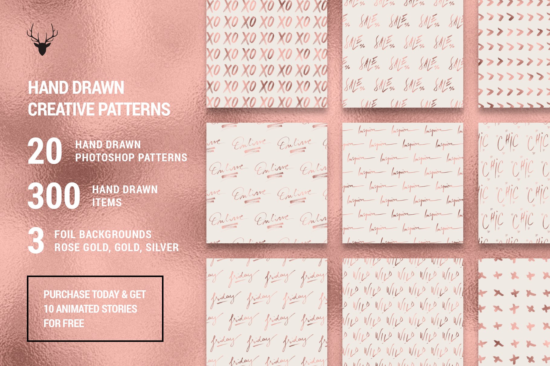 Rose Gold Hand Drawn Pattern Pack - Gold, Silver and Rose Gold ...