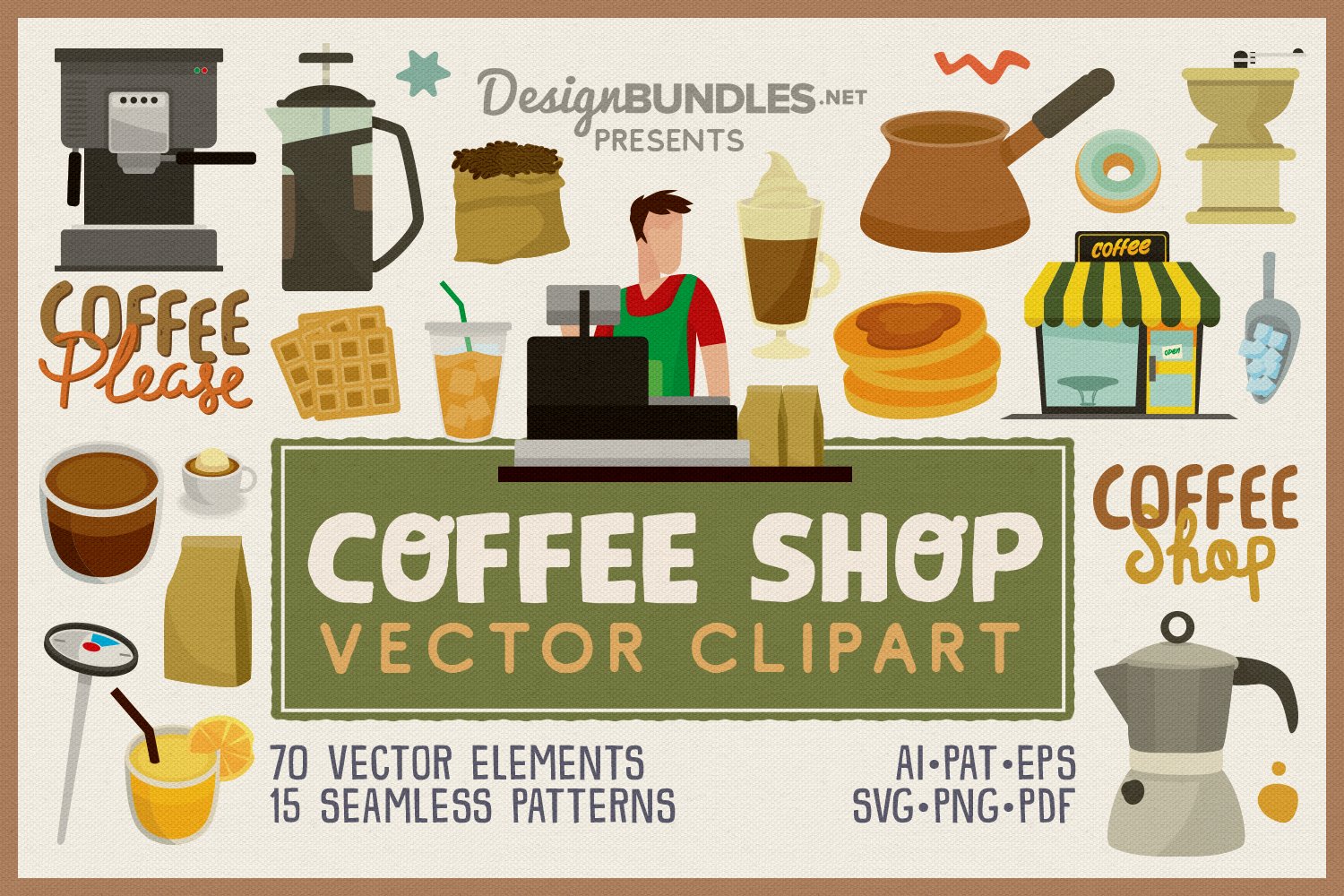 Coffee Shop Vector Clipart and Seamless Pattern
