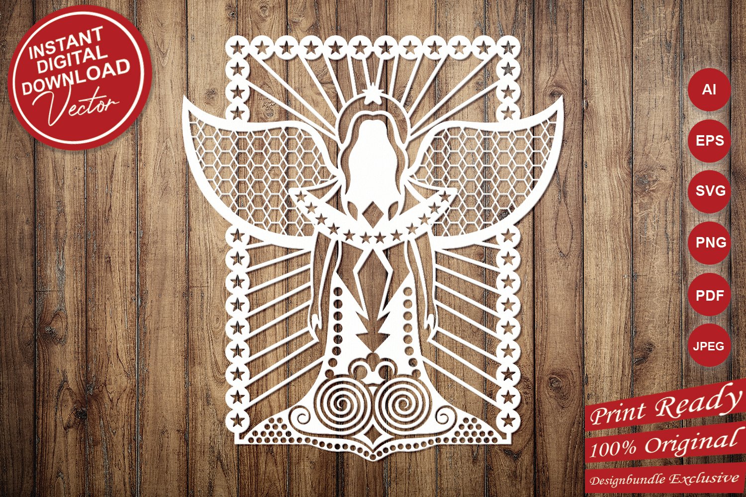 Papercut Angel Frame Design with Abstract Shapes and Spirals