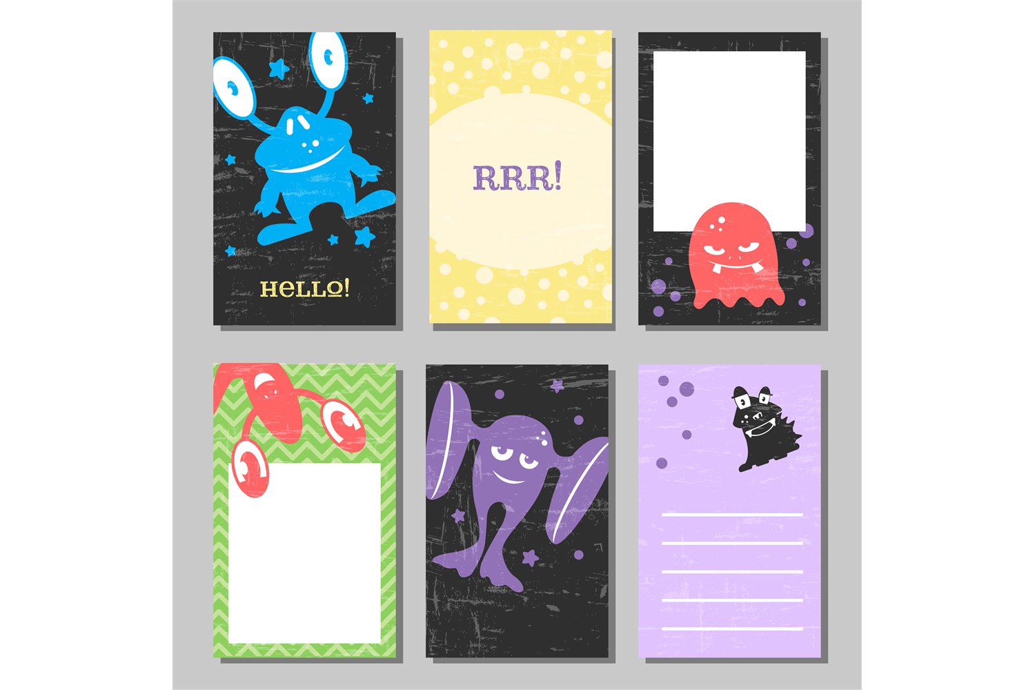Colorful retro funny cards set with cute monsters. Templates