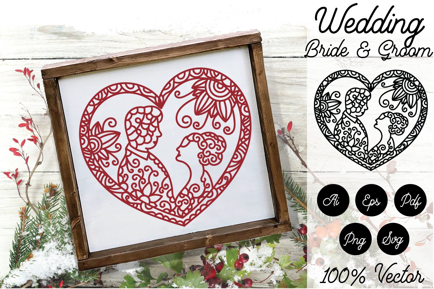 Wedding Bride and Groom in Heart Shape Paper Cut Template (370650 ...