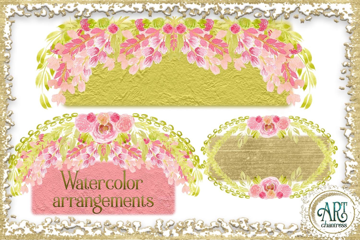 Watercolor Floral pink wreath - GOLD frame -5 PNG elements (265204 ...