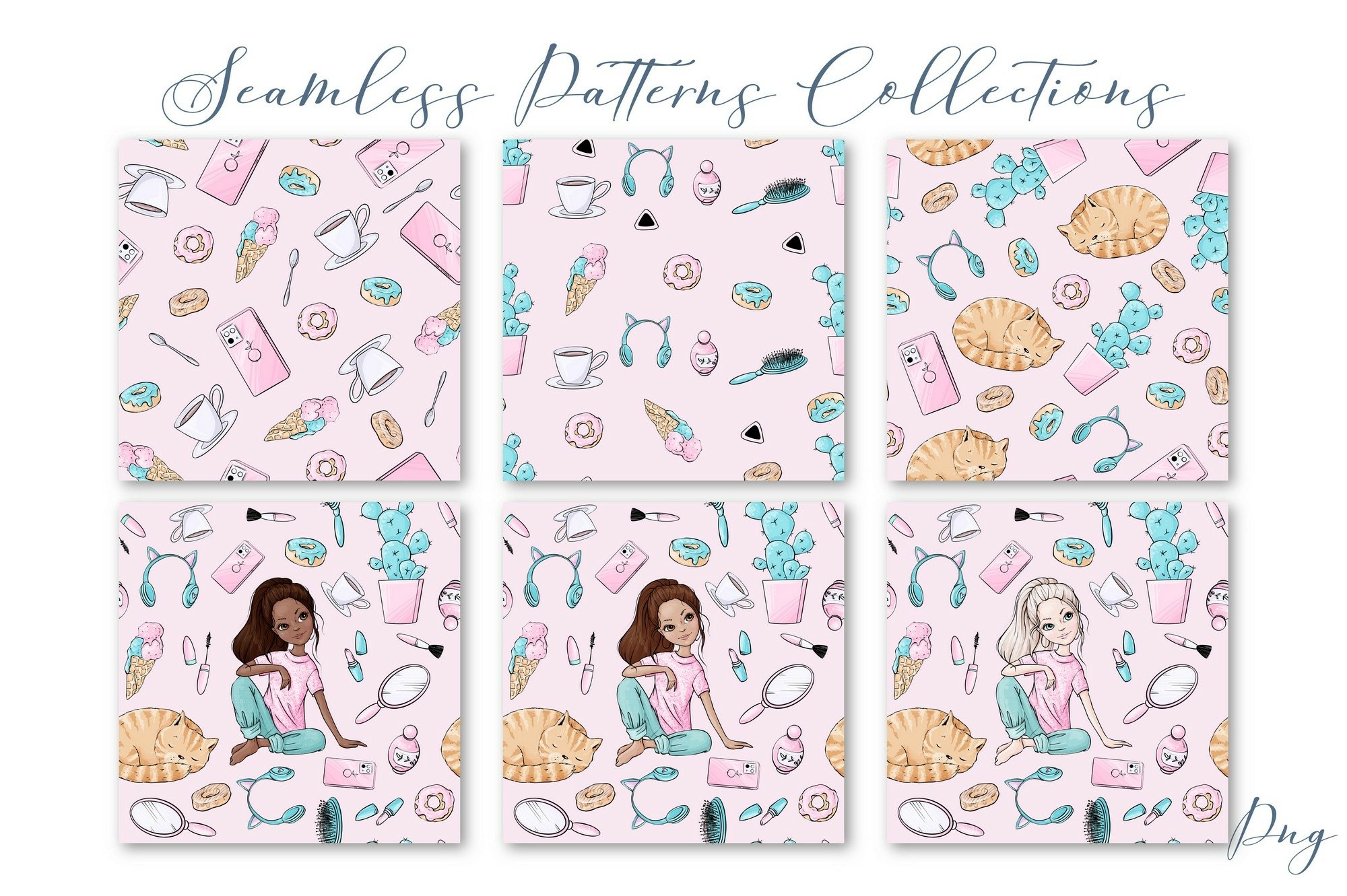 Lazy day girl and peonies Seamless Patterns